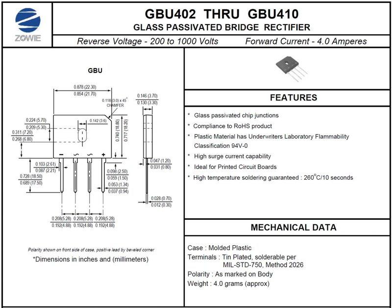 橋式整流子, 橋整, GBU406, 4A 600V, (每拍10 PCS) GLASS PASSIVATED BRIDGE ...